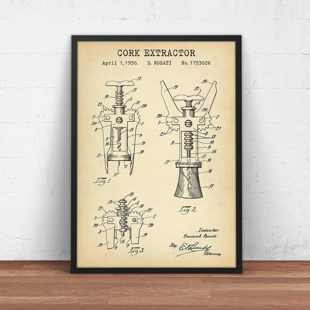 Cork Extractor Patent Print, Wine Cork Screw, Wine Tour Art, Wine Art ...
