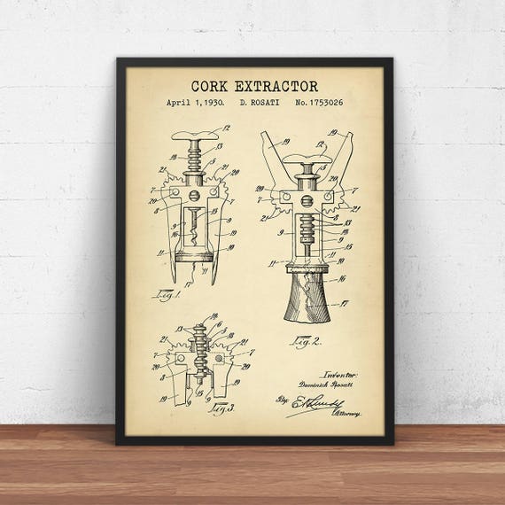 Cork Extractor Patent Print Wine Cork Screw Wine Tour Art | Etsy