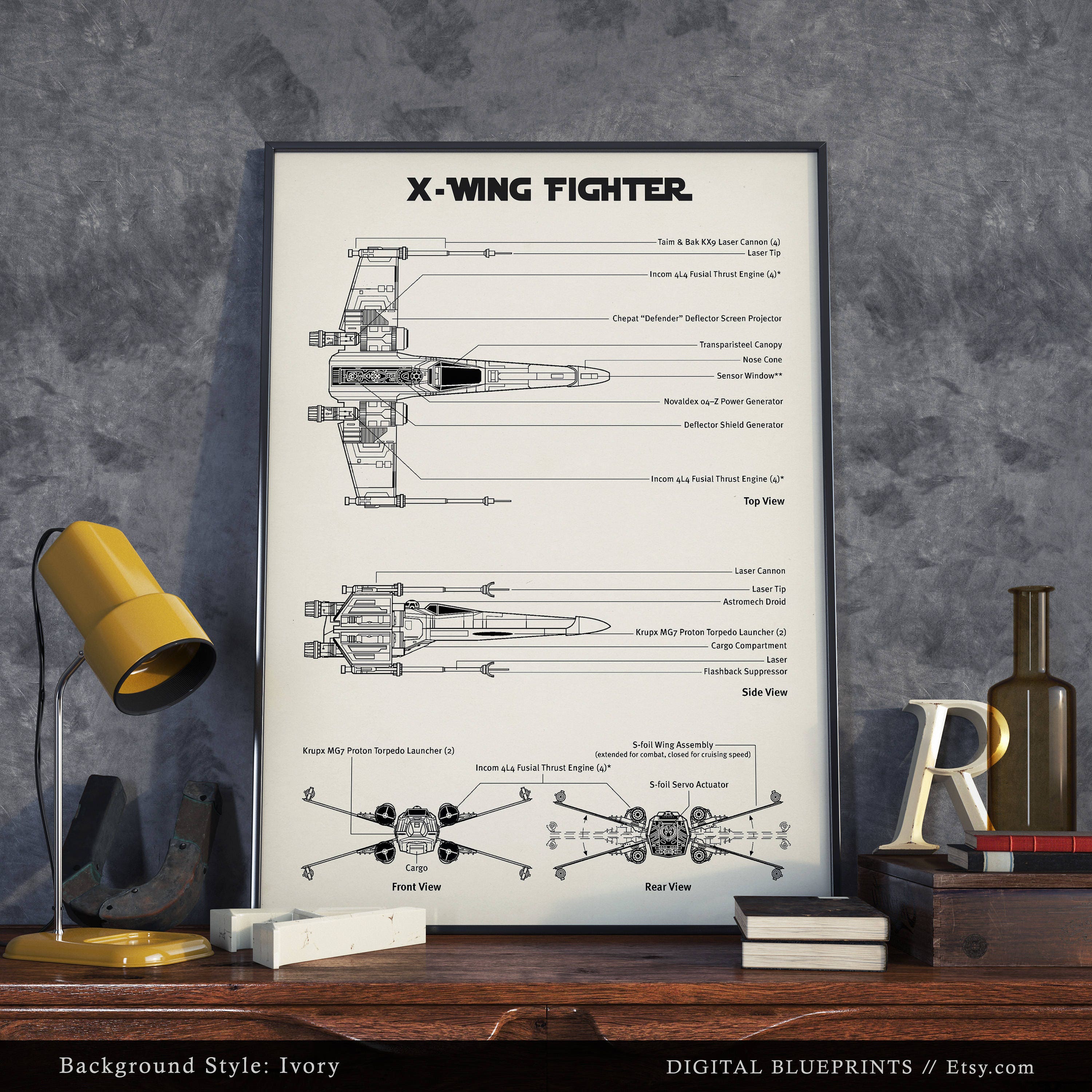 Diagrama esquemático de X-Wing Fighter Blueprint Art Star | Etsy España