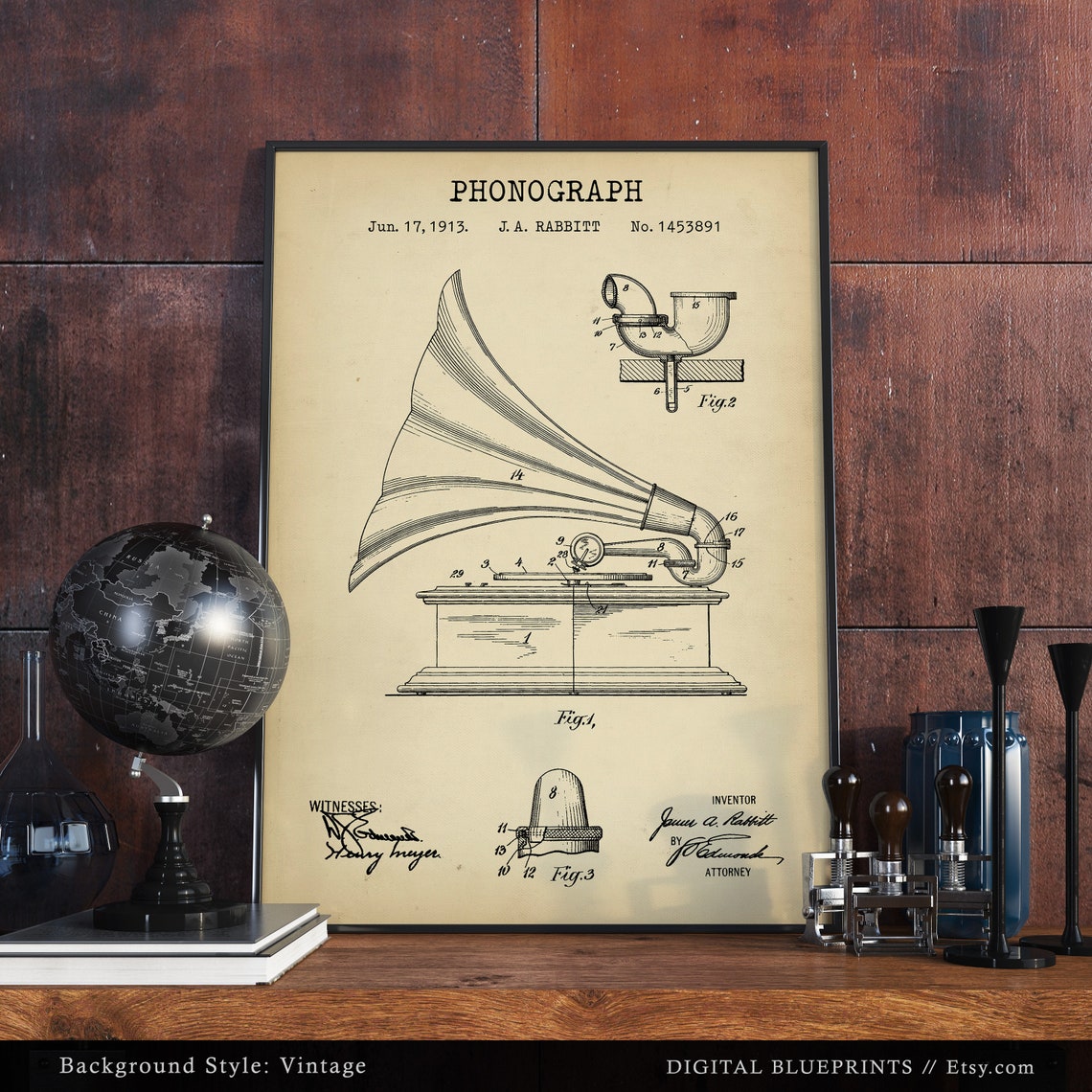 Phonograph Patent Print Record Player Blueprint Poster | Etsy
