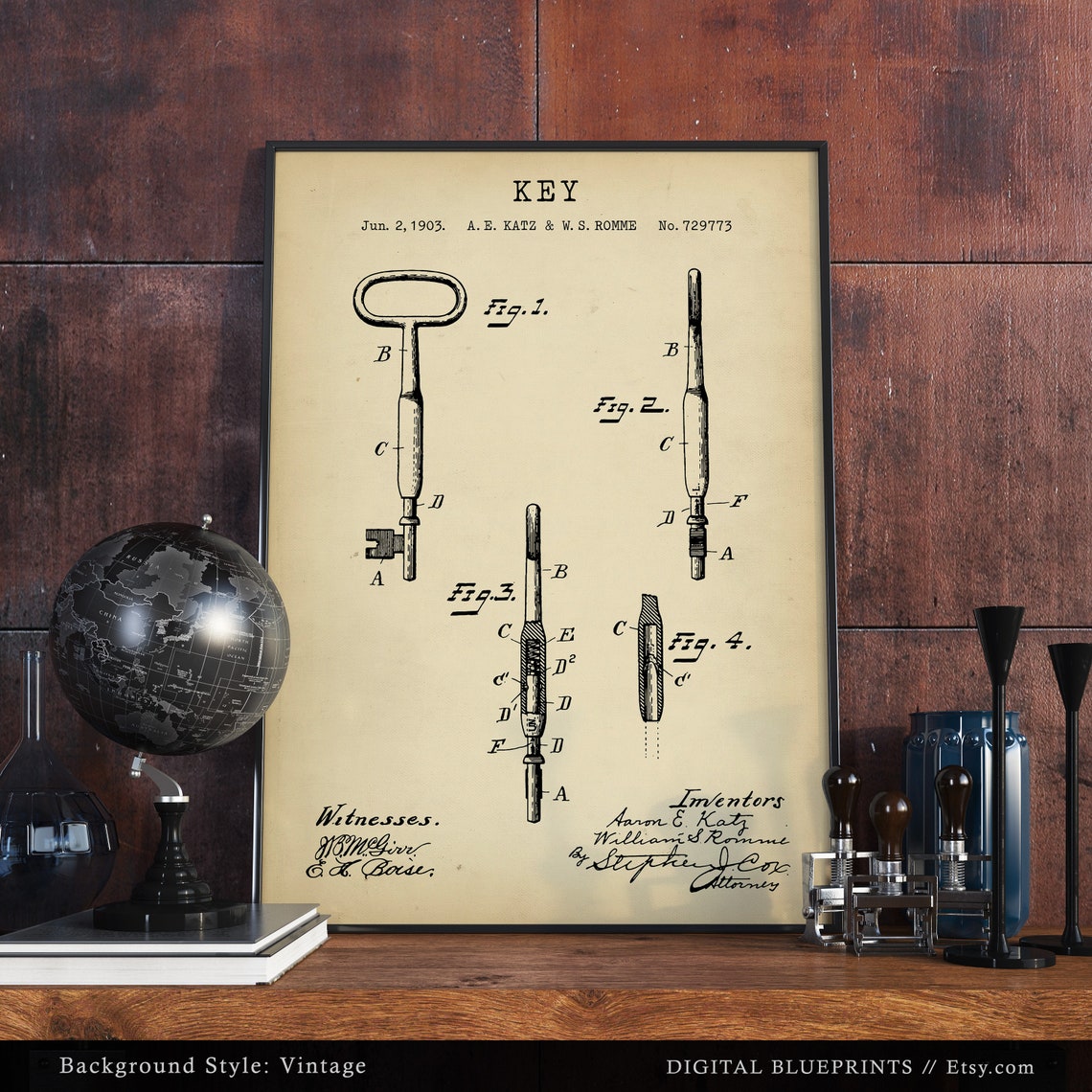 Key Patent Print Vintage Skeleton Key Blueprint Art Master - Etsy