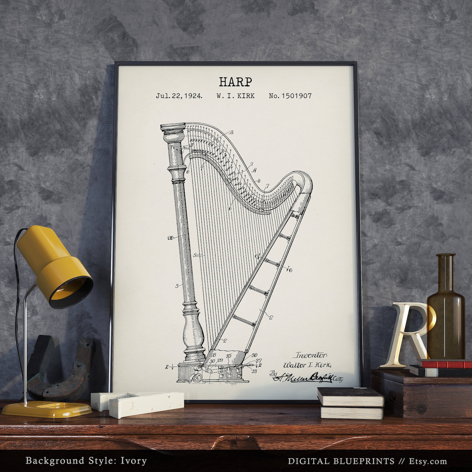 Harp Patent Print Musical Harp Blueprint Art Musician Gift - Etsy