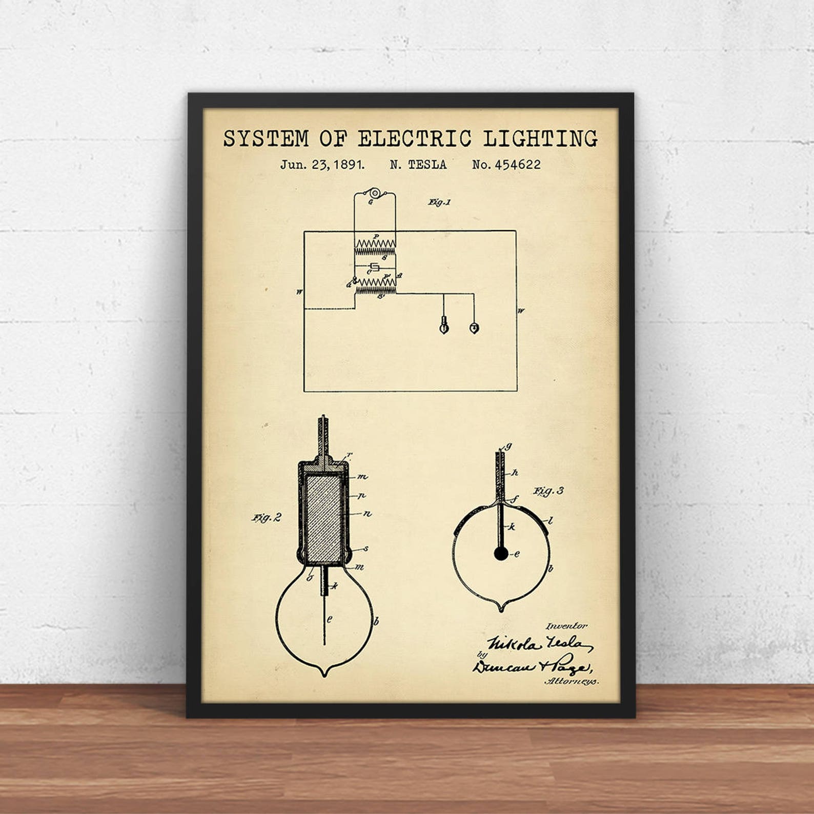 Nikola Tesla Patent Prints Light Bulb System of Electric - Etsy