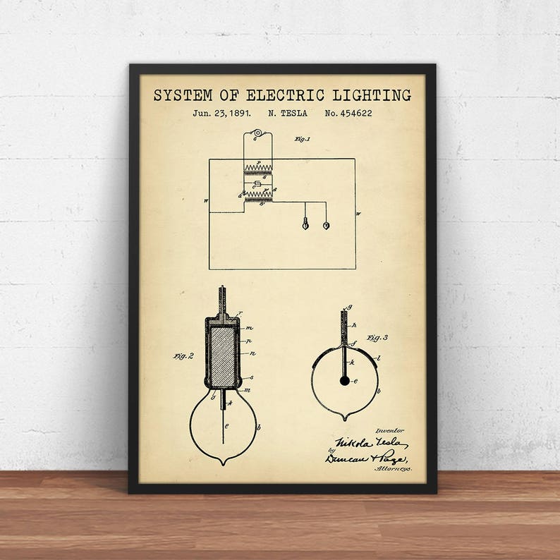 Nikola Tesla Patent Prints Light Bulb System of Electric - Etsy