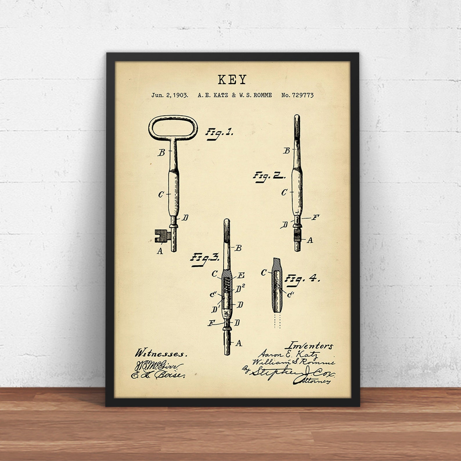 Key Patent Print Vintage Skeleton Key Blueprint Art Master - Etsy
