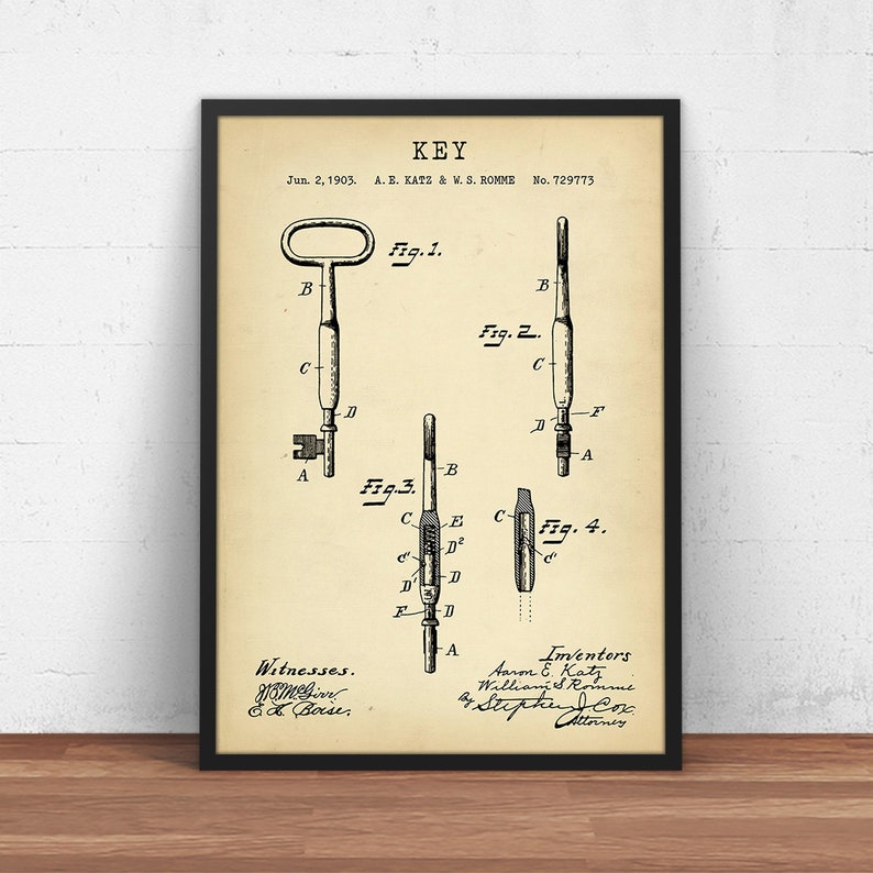 Key Patent Print Vintage Skeleton Key Blueprint Art Master - Etsy