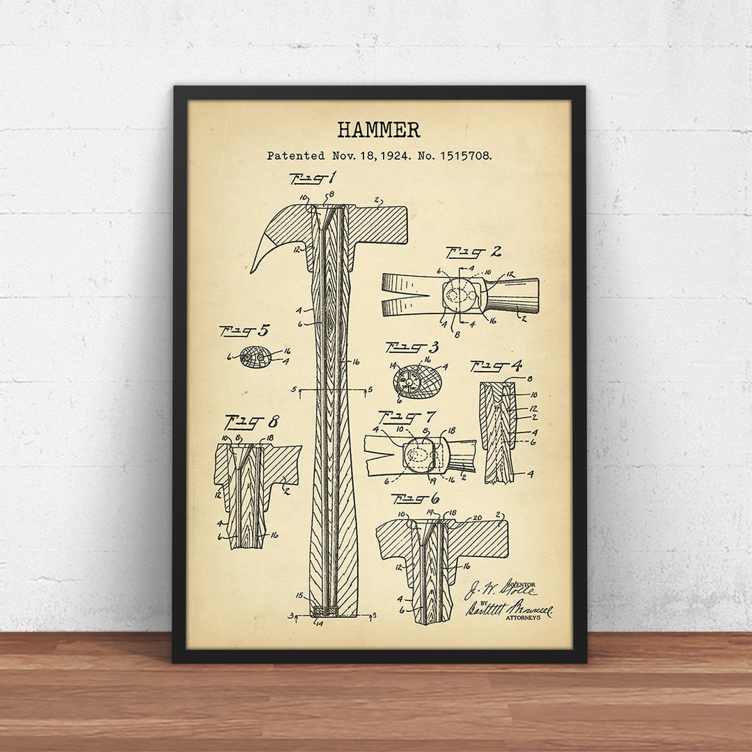 Hammer Patent Print, Vintage Tools, Garage Decor, Workshop Wall Art ...