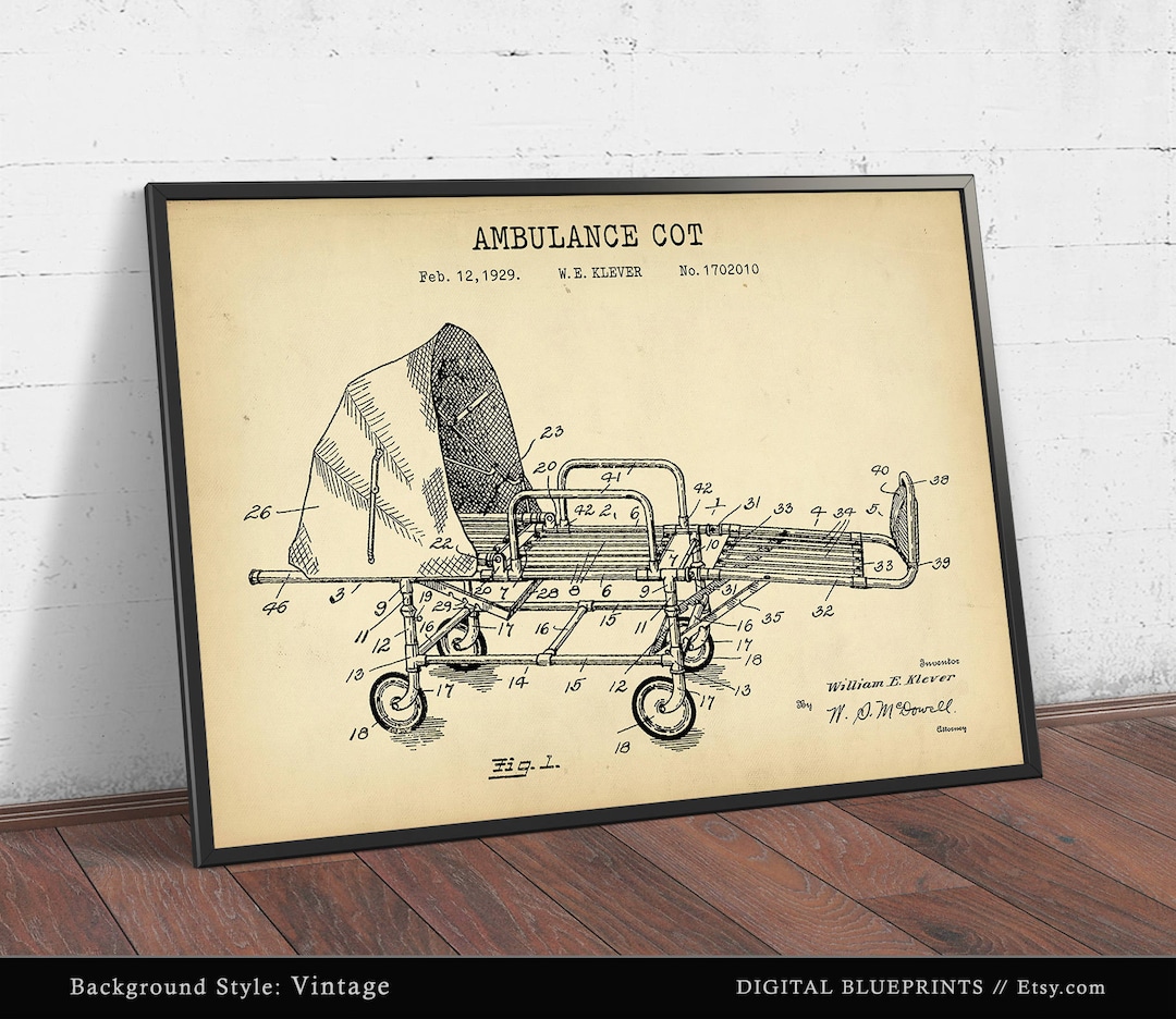 Ambulance Cot Patent Poster, Stretcher Blueprint, Paramedic Wall Art ...