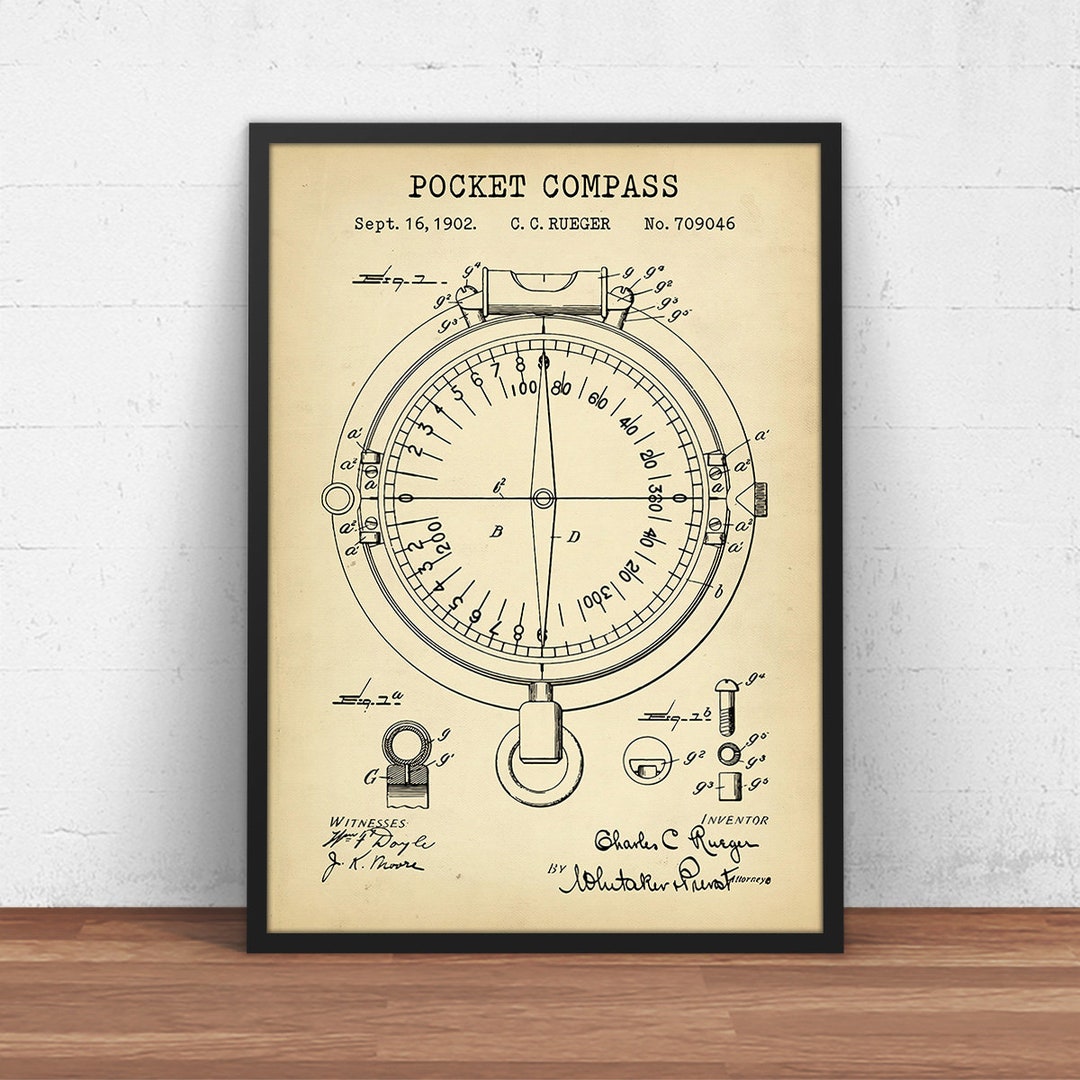 Vintage Compass Patent Print, Pocket Compass Blueprint, Outdoor Camping ...