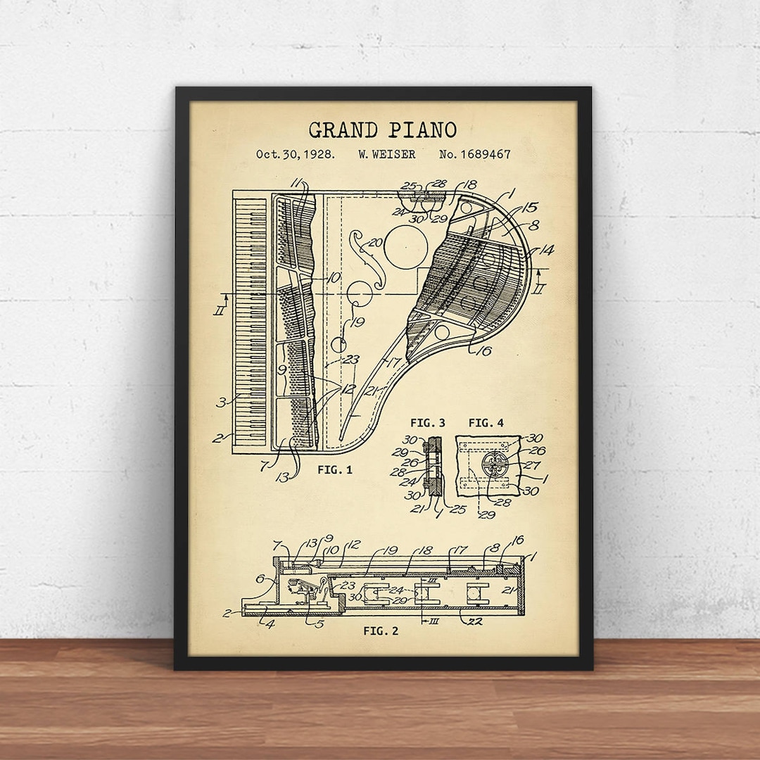 Grand Piano Patent Print, Grand Piano Design Blueprint Art, Vintage ...