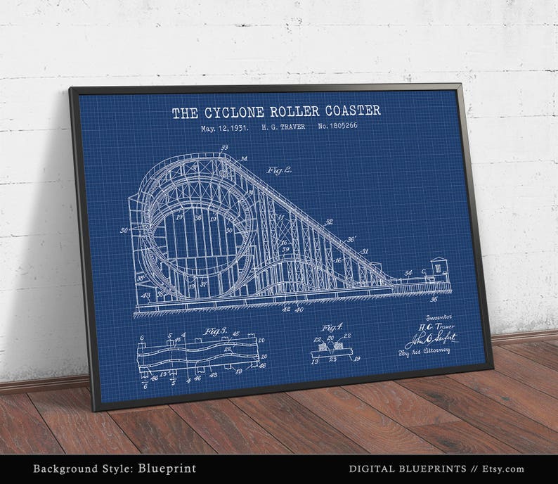 The Cyclone Roller Coaster Blueprint Art, Roller Coaster Amusement Ride ...