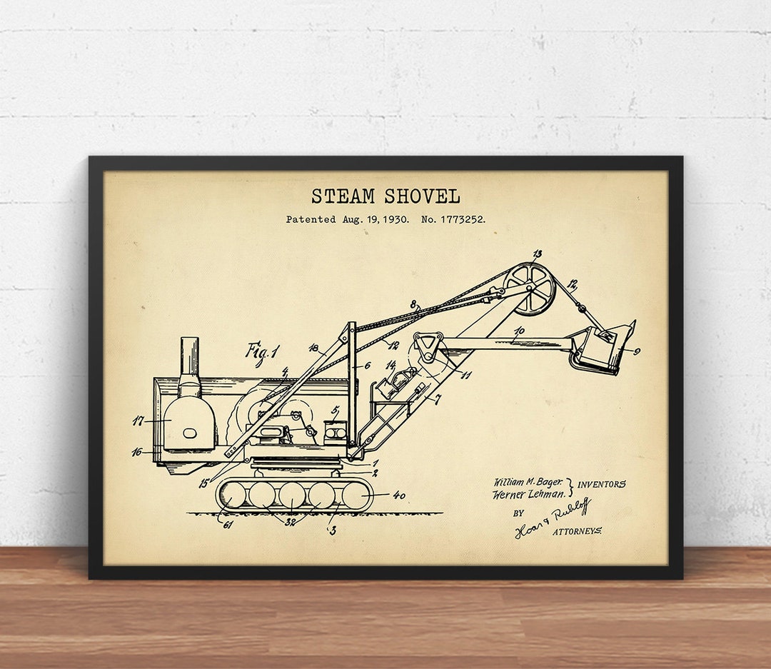 Shovel Patent Print, Steam Shovel Illustration, Construction Decor ...