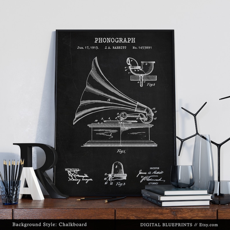Phonograph Patent Print Record Player Blueprint Poster | Etsy