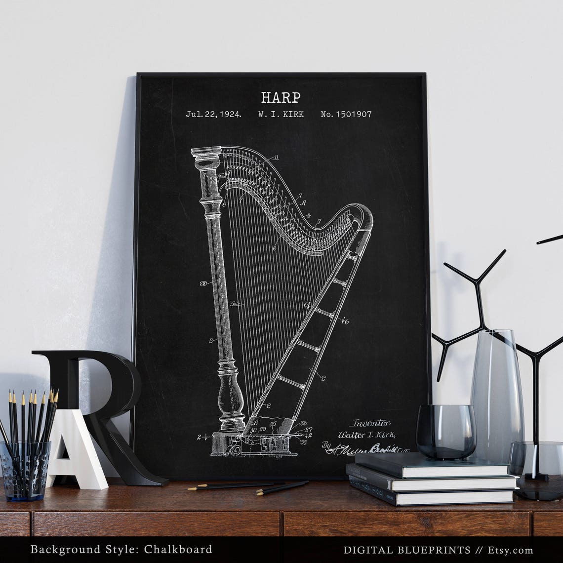Harp Patent Print Musical Harp Blueprint Art Musician Gift - Etsy