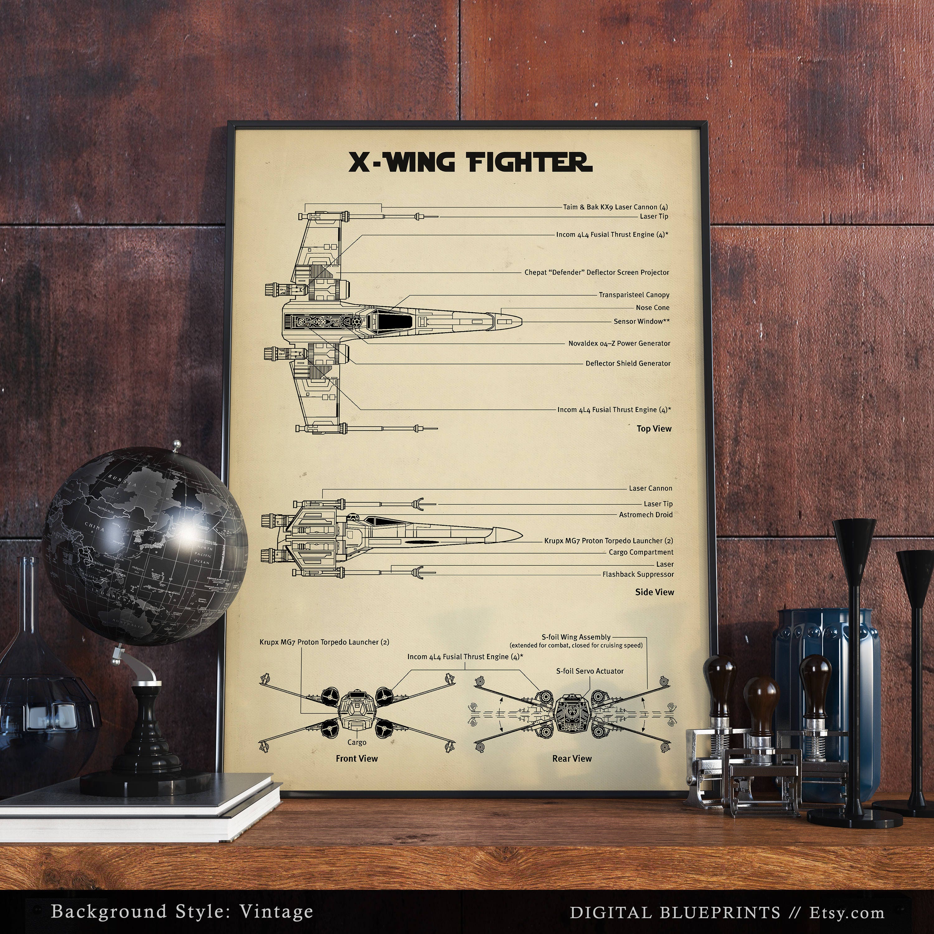 Diagrama esquemático de X-Wing Fighter Blueprint Art Star | Etsy España