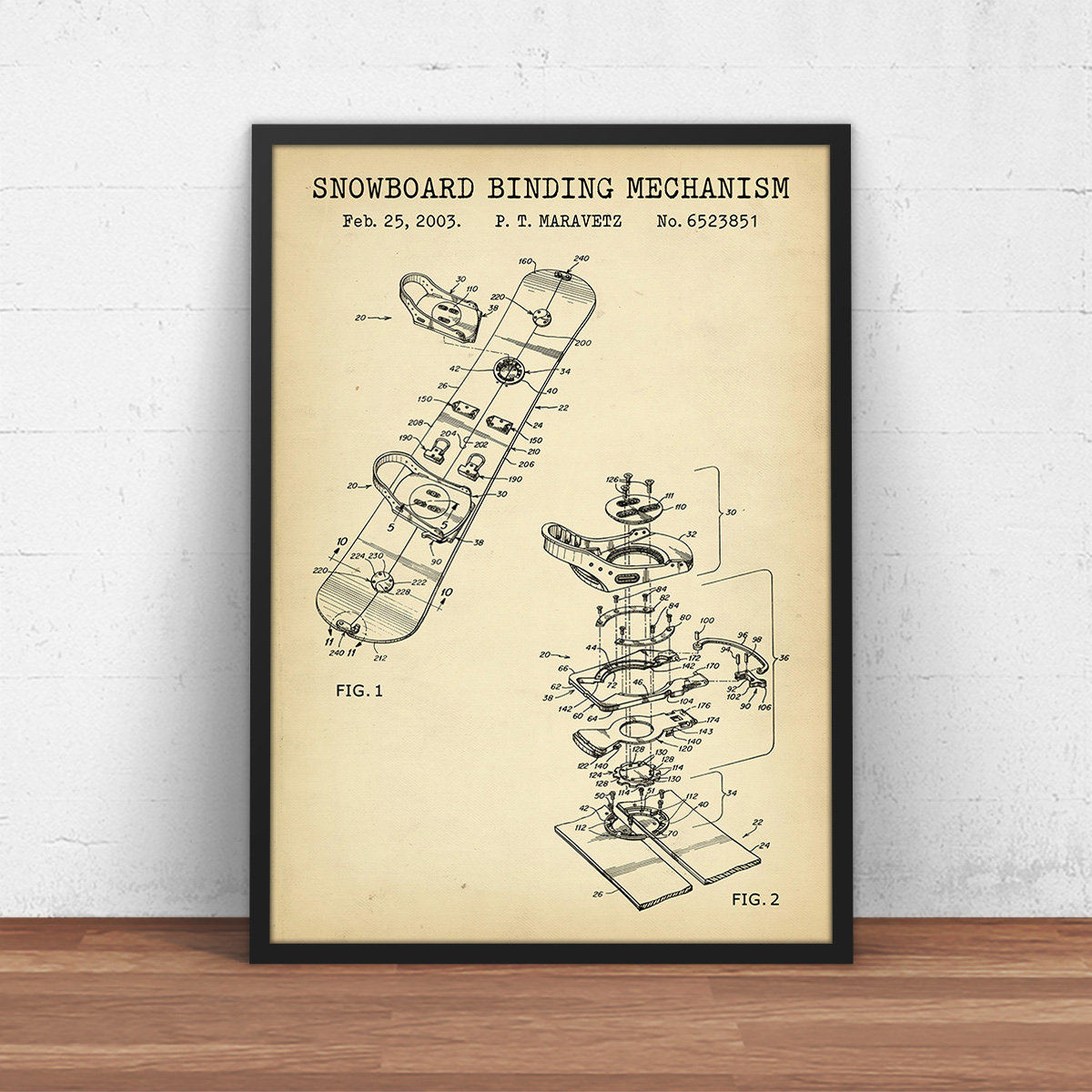 Snowboard Patent Print, Snow Board Binding Mechanism Blueprint Art ...
