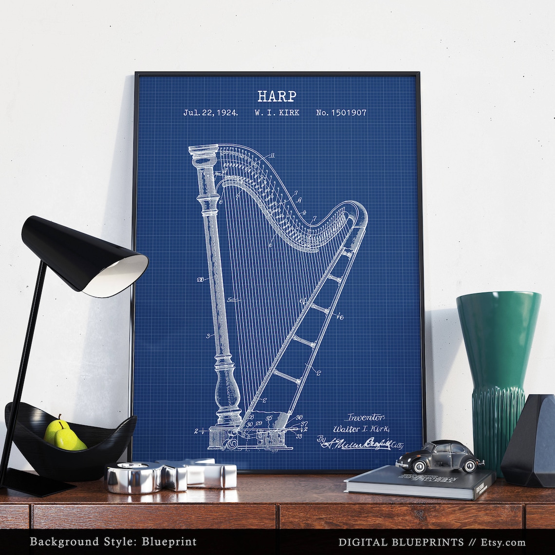 Harp Patent Print Musical Harp Blueprint Art Musician Gift - Etsy
