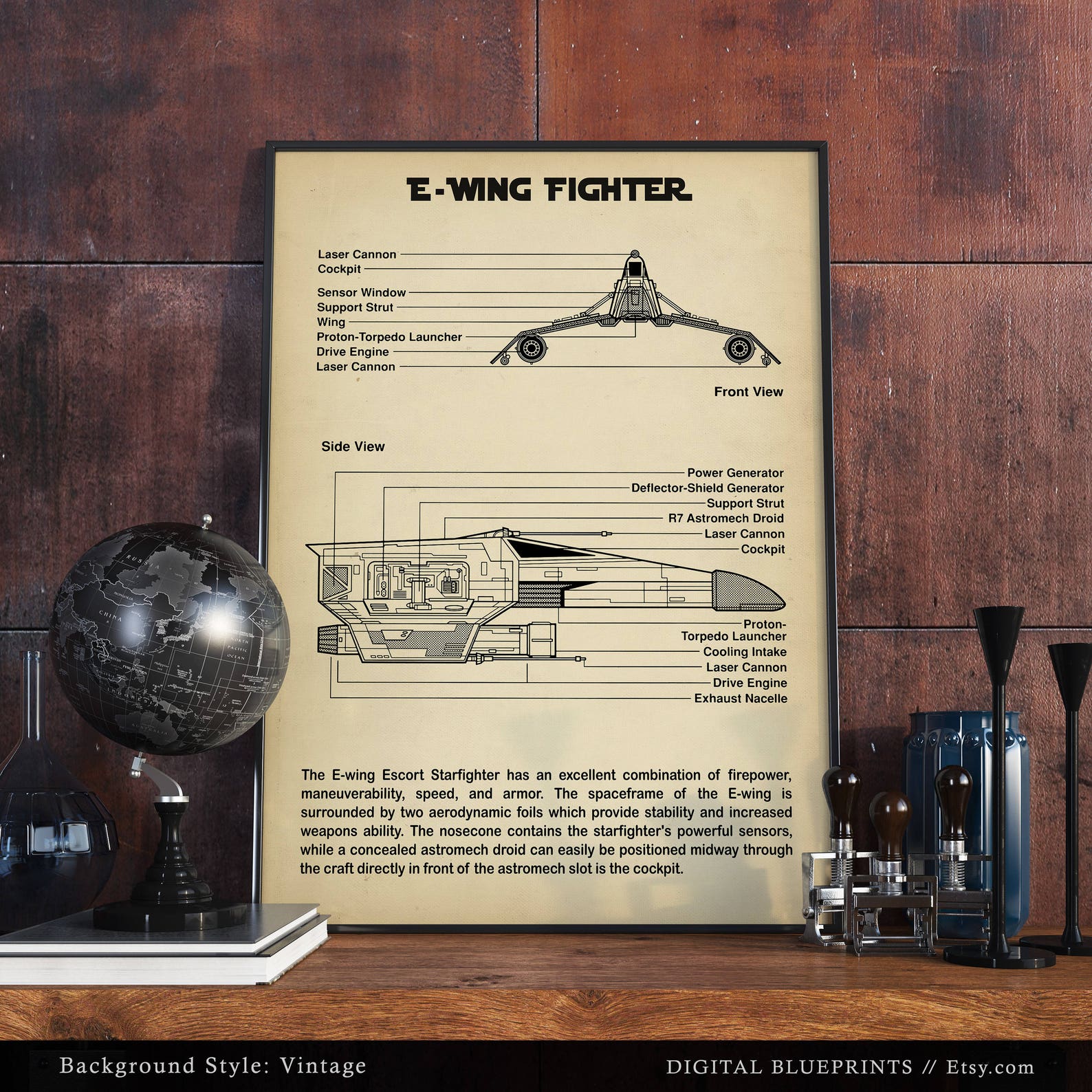E-wing Fighter Blueprint Art, Star Wars Poster Print, Si-fi Wall Art ...