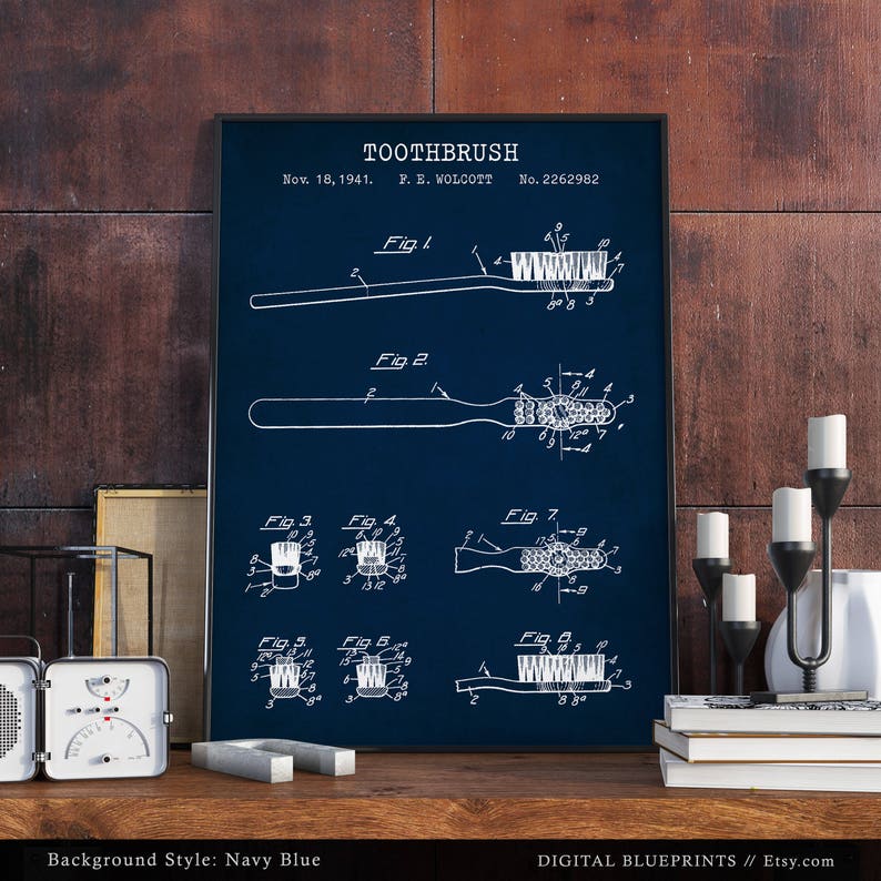 Bathroom Decor Toothbrush Patent Print Blueprint Art Dental | Etsy