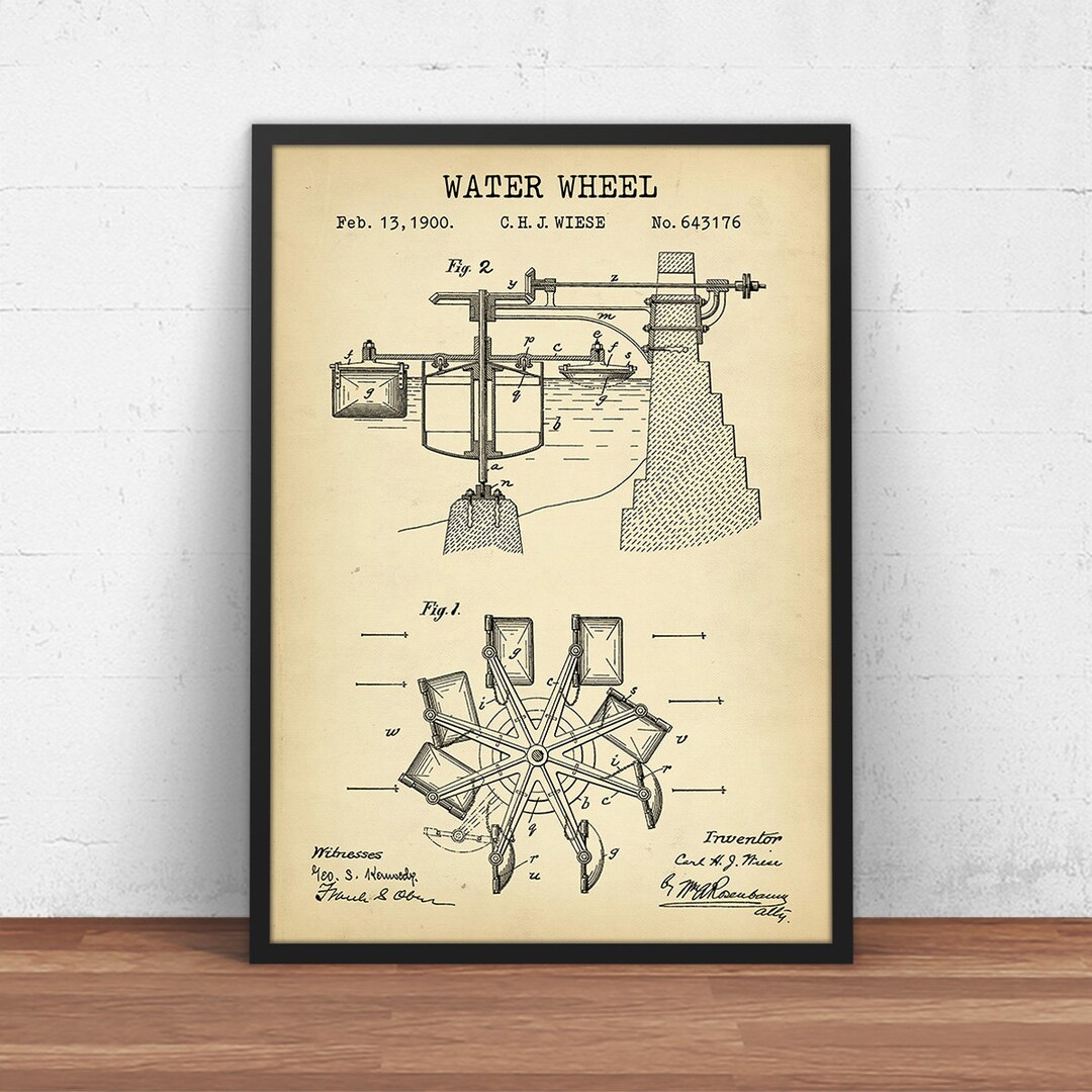 Water Wheel Patent Print, Waterwheel Blueprint, Watermill Poster Print ...