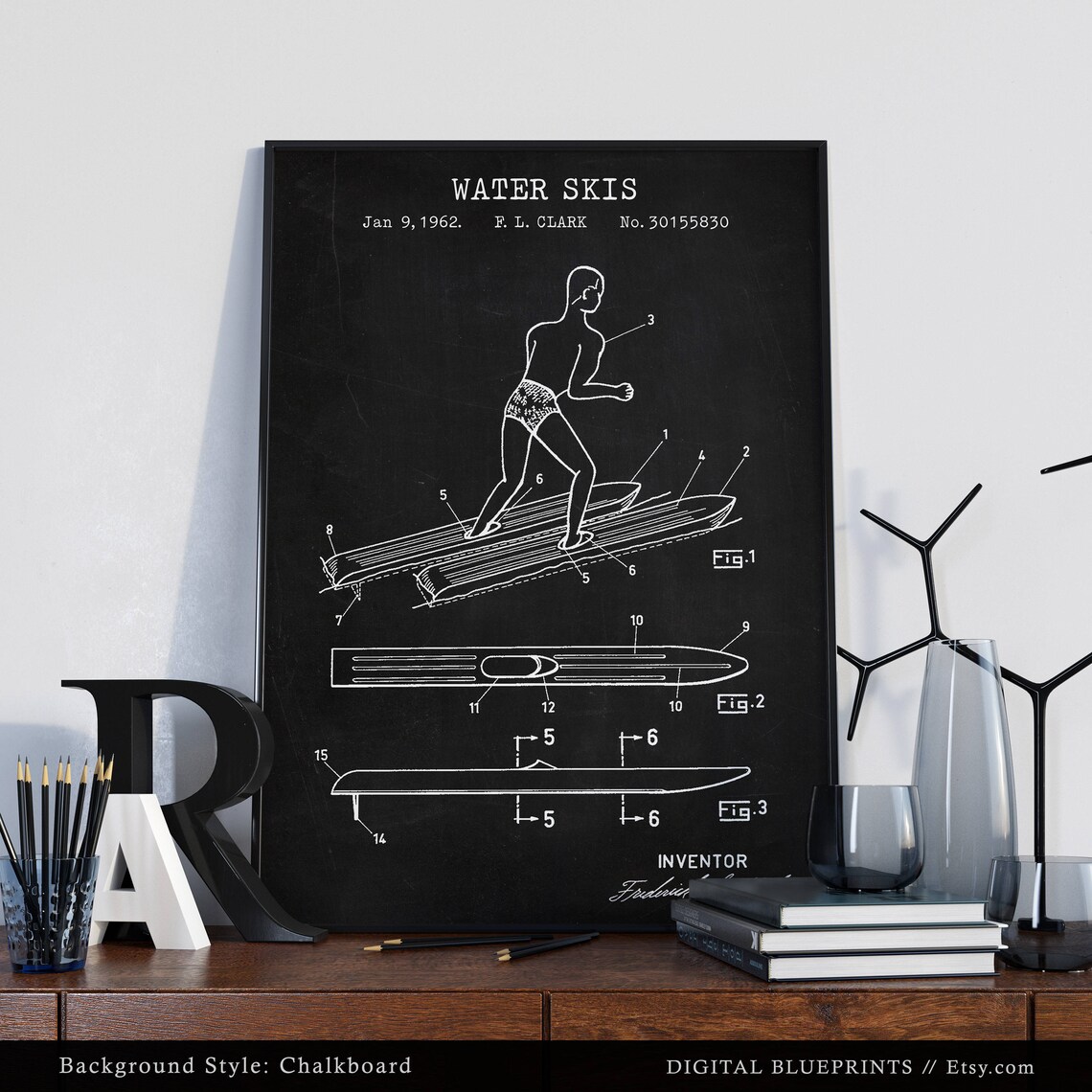 Water Skis Blueprint Patent Prints Ski Board Design Skier | Etsy
