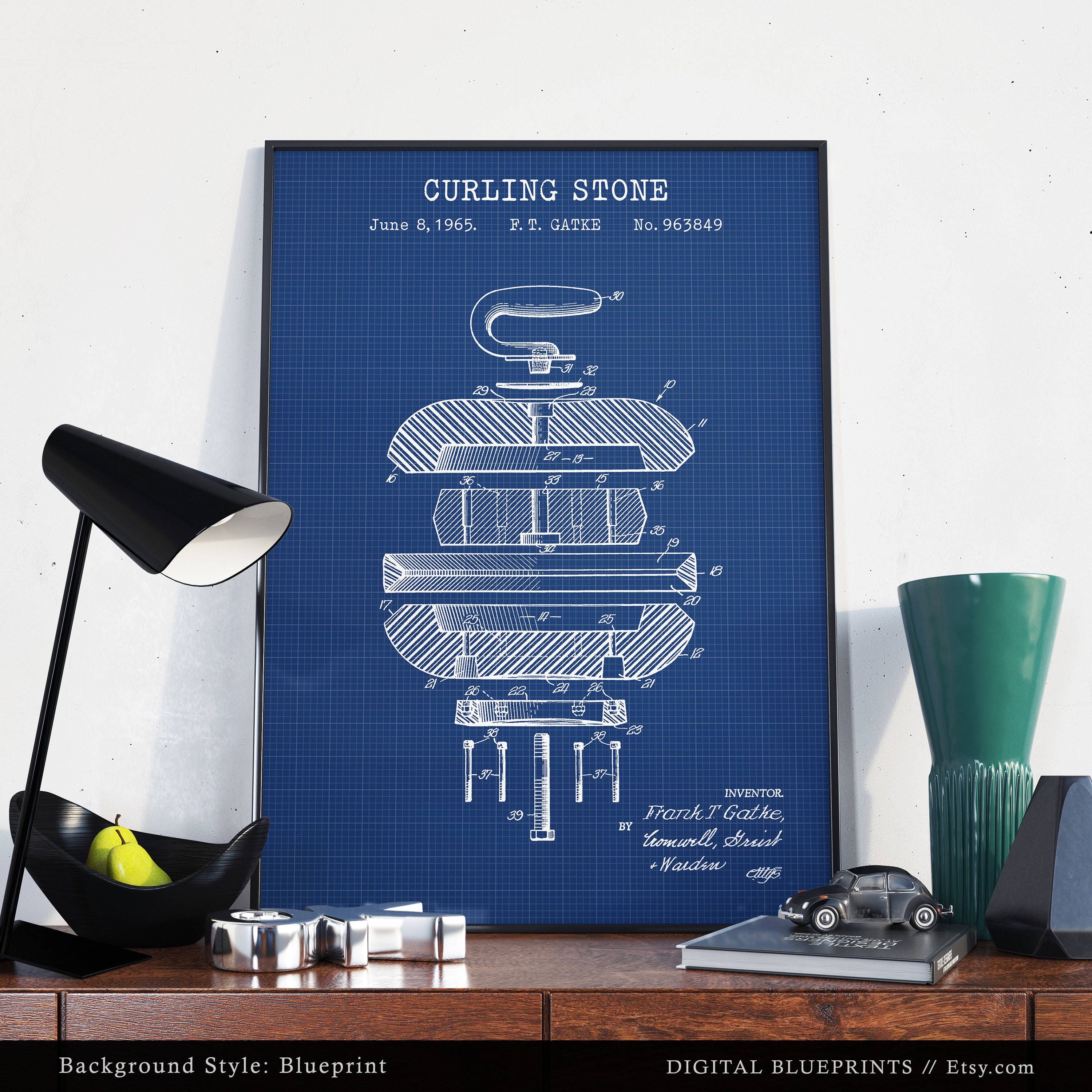 Curling Rock Patent Print, Curling Stone Blueprint Poster Print, Player ...