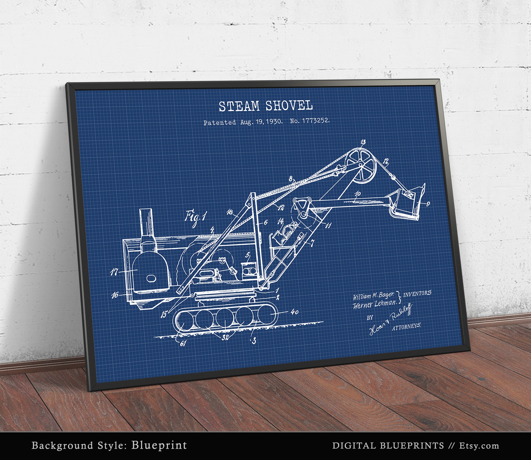 Shovel Patent Print, Steam Shovel Illustration, Construction Decor ...