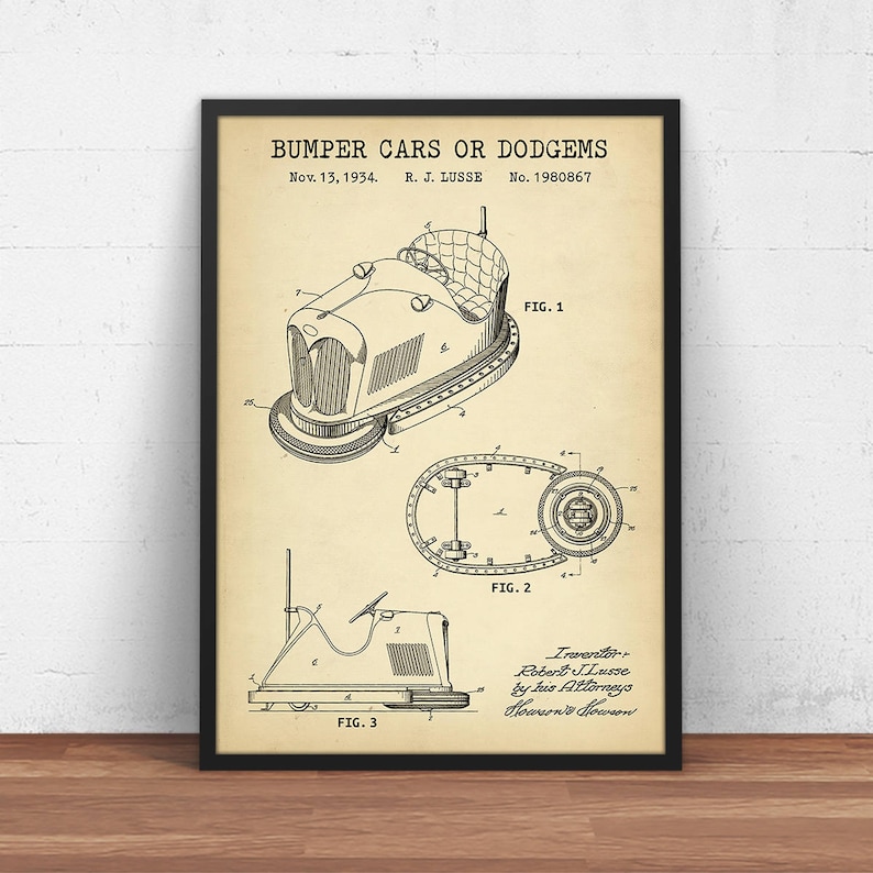 Bumper Cars Patent Print, Dodgem Blueprint, Fair Ground Poster ...
