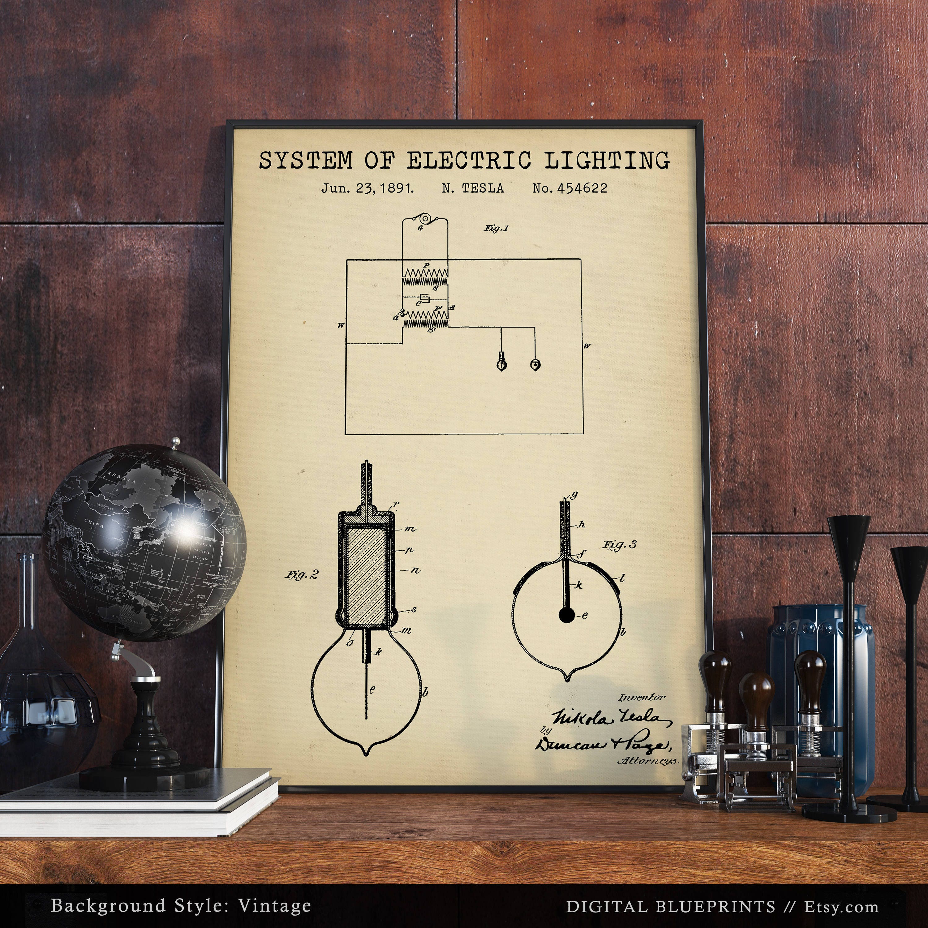 Nikola Tesla Patent Prints Light Bulb System of Electric | Etsy