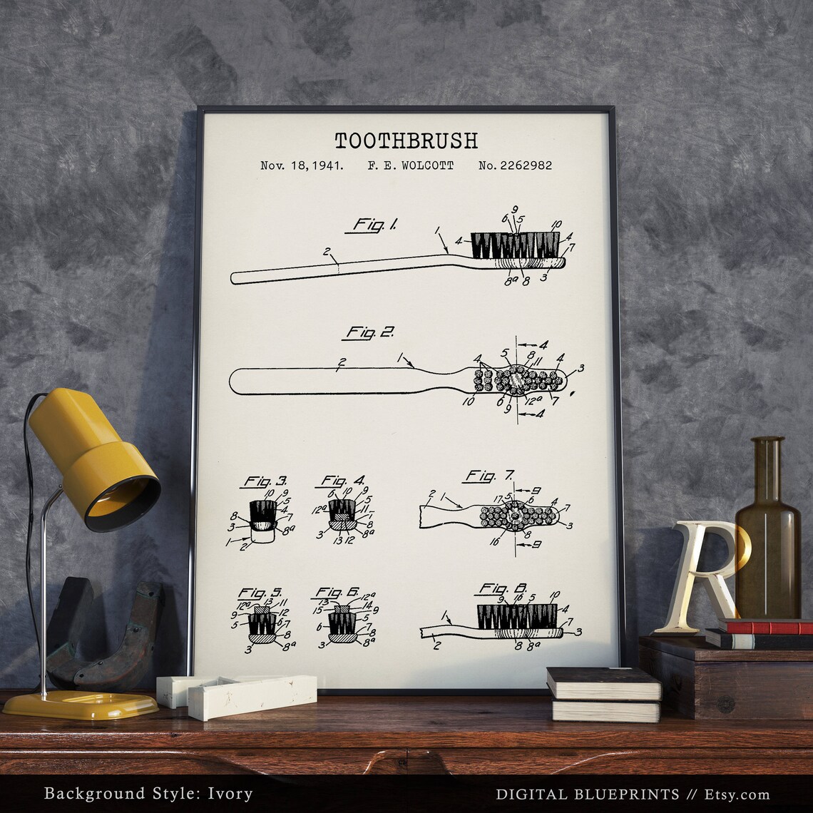 Bathroom Decor Toothbrush Patent Print Blueprint Art Dental | Etsy
