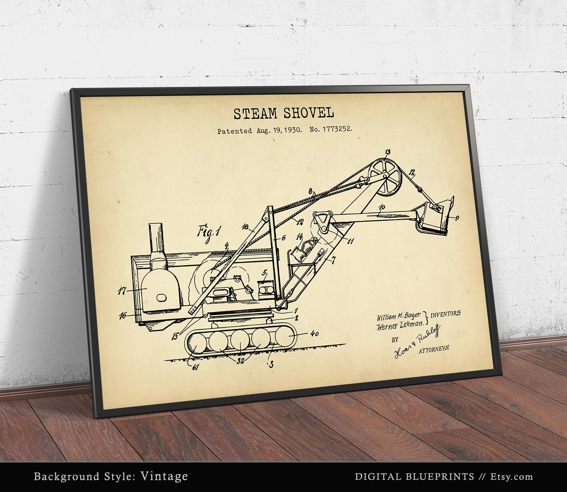 Shovel Patent Print, Steam Shovel Illustration, Construction Decor ...