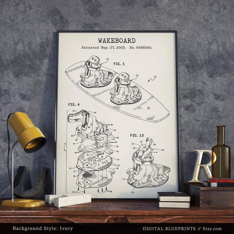 Wakeboard Blueprint Art, Patent Prints, Wakeboarding Poster, Wakeboard ...