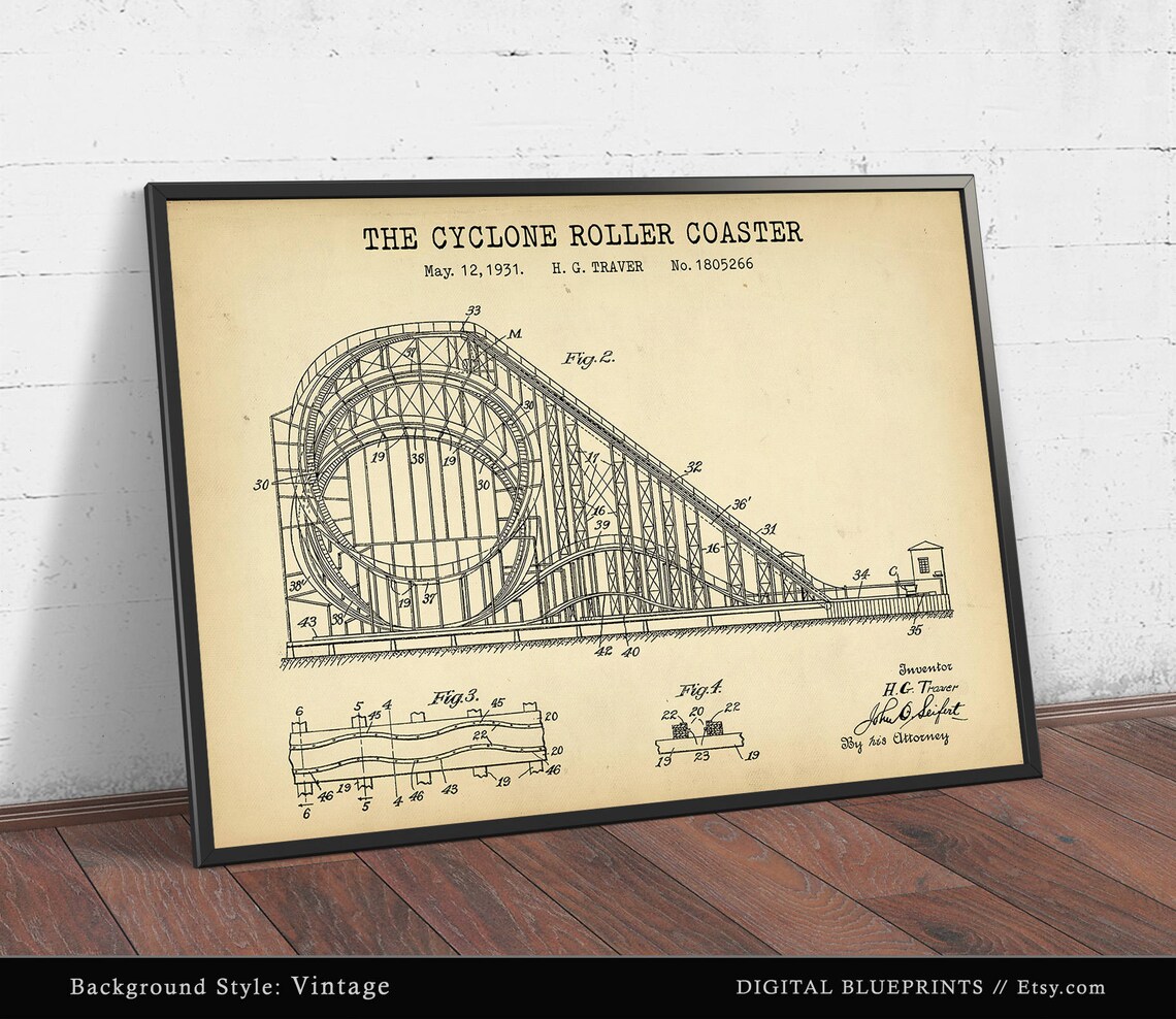The Cyclone Roller Coaster Blueprint Art Digital Download | Etsy