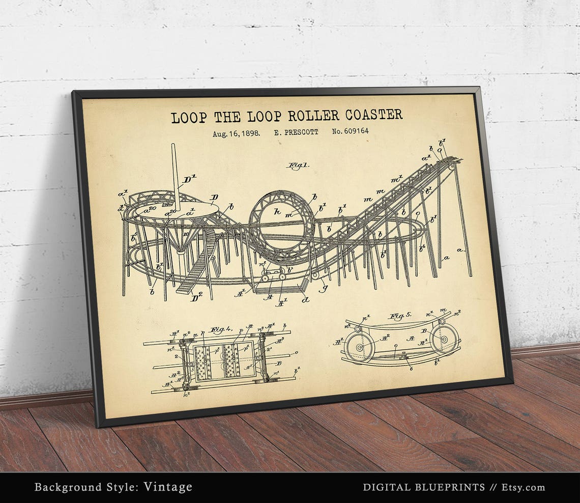 Roller Coaster Blueprint Art Loop the Loop Roller Coaster | Etsy