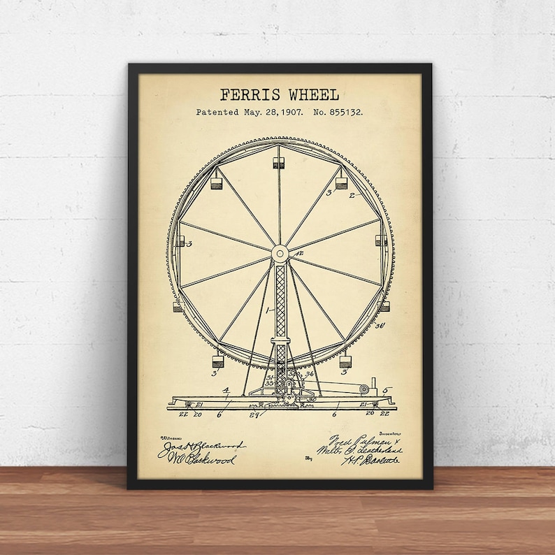 Ferris Wheel Patent Print, Roundabout Blueprint Art, Carnival Ride ...
