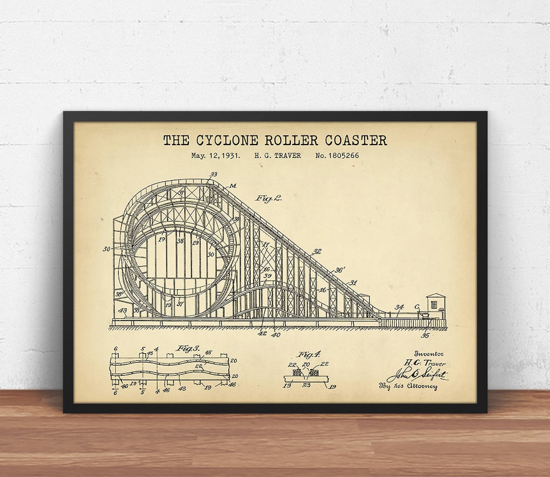 The Cyclone Roller Coaster Blueprint Art, Roller Coaster Amusement Ride ...