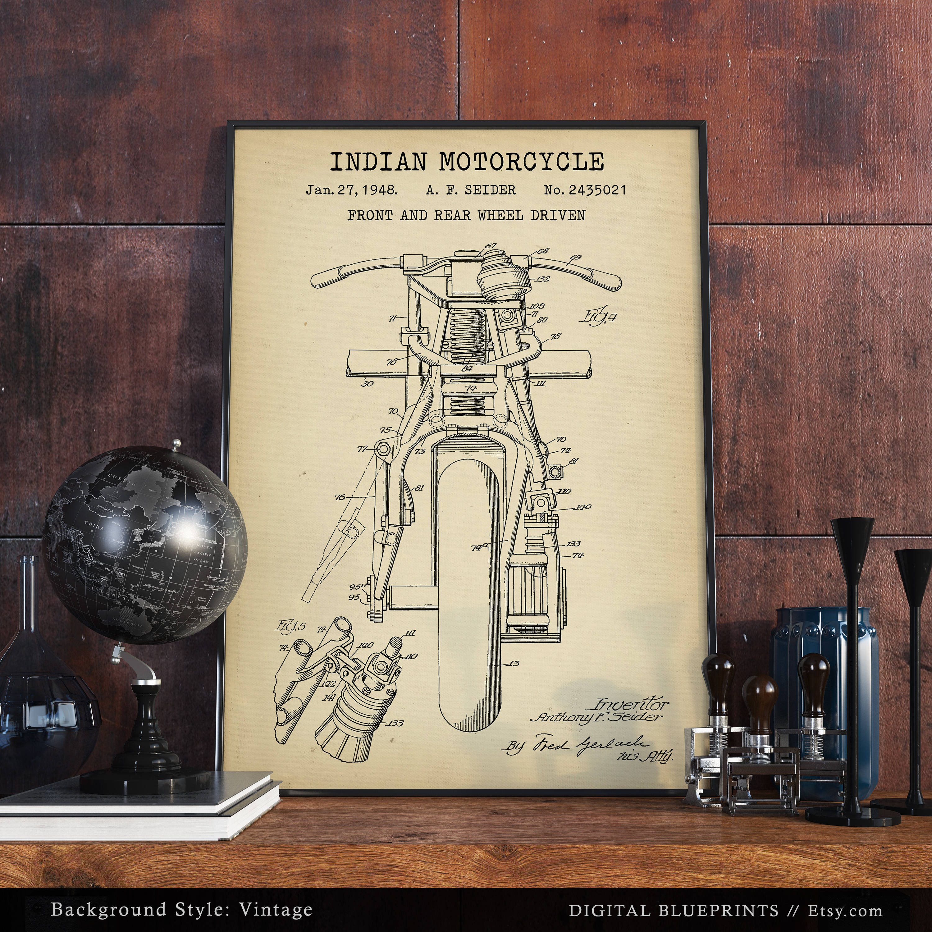 Indian Motorcycle Poster Print, Front & Rear Wheel Driven Motorcycle ...
