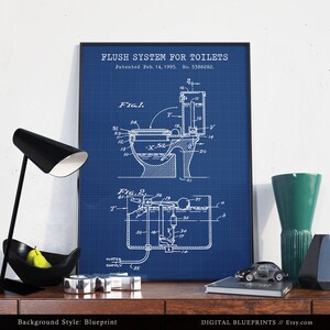 Bathroom Wall Art, Flush System for Toilets Patent Print, Blueprint Art ...