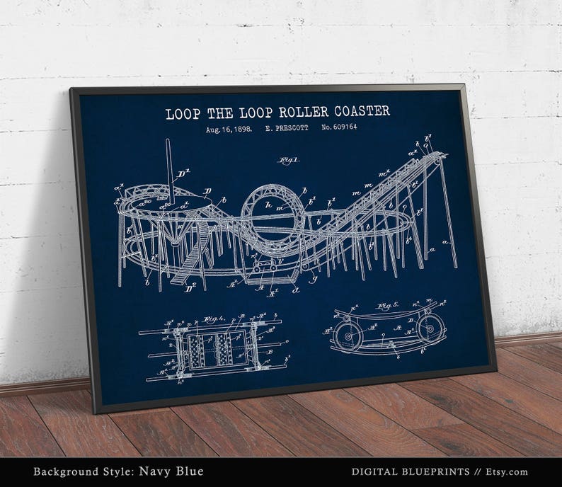 Roller Coaster Blueprint Art Loop the Loop Roller Coaster - Etsy
