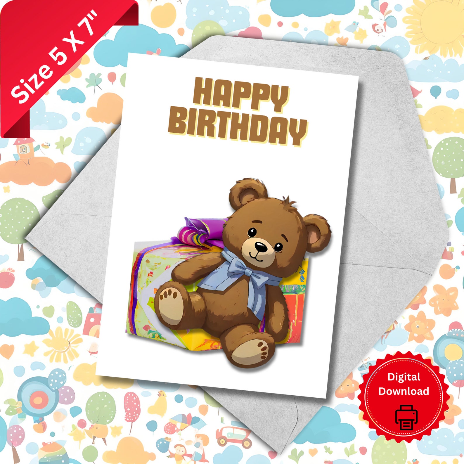 Cute Teddy Bear Birthday Card for Kids. Instant Download. Size 5 X 7 - Etsy