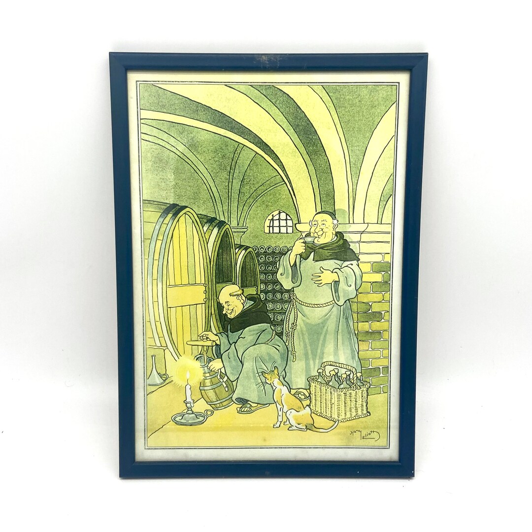 Vintage Antique Framed Rare Prints Harry Elliot Illustrator Monks Wine ...