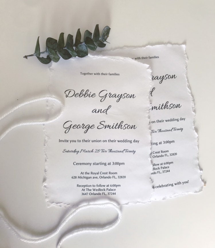 Deckled Edge Wedding Invitation Feathered Invite Including Envelope and ...