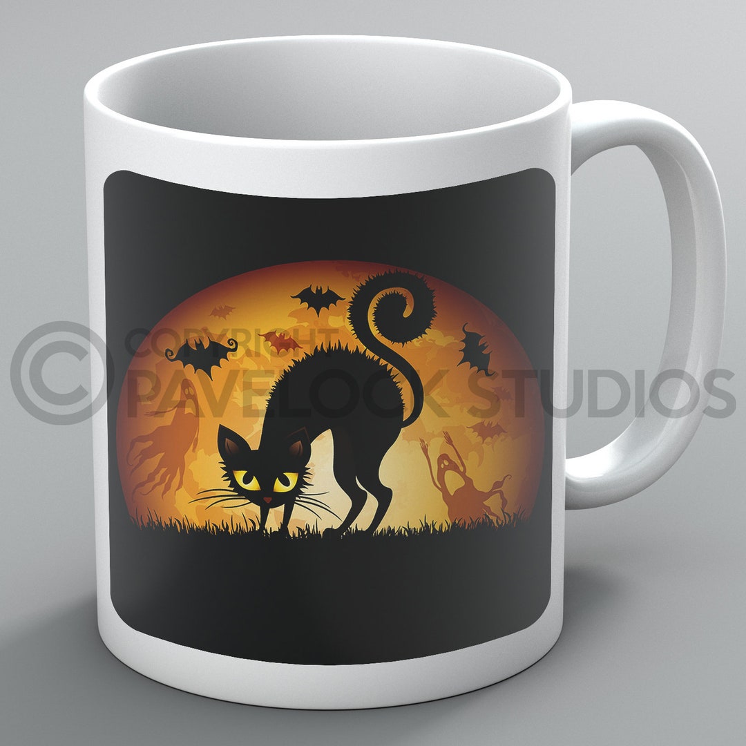 Halloween Mug Mugs Black Cat Cats Bat Bats Moon Witch Witches Ghost ...