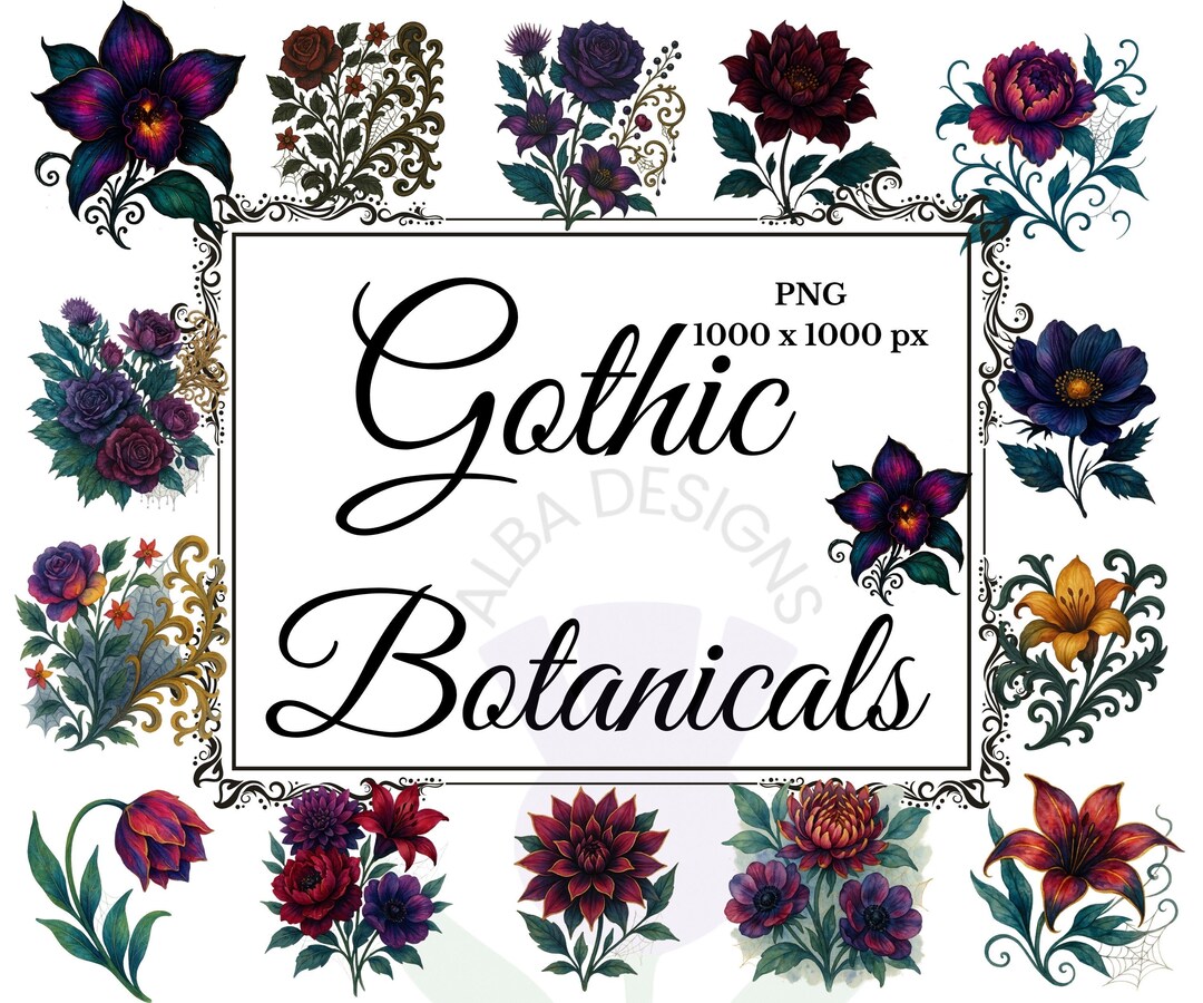 Gothic Flora & Fauna Clipart Set: Dark Botanical PNG Illustrations ...
