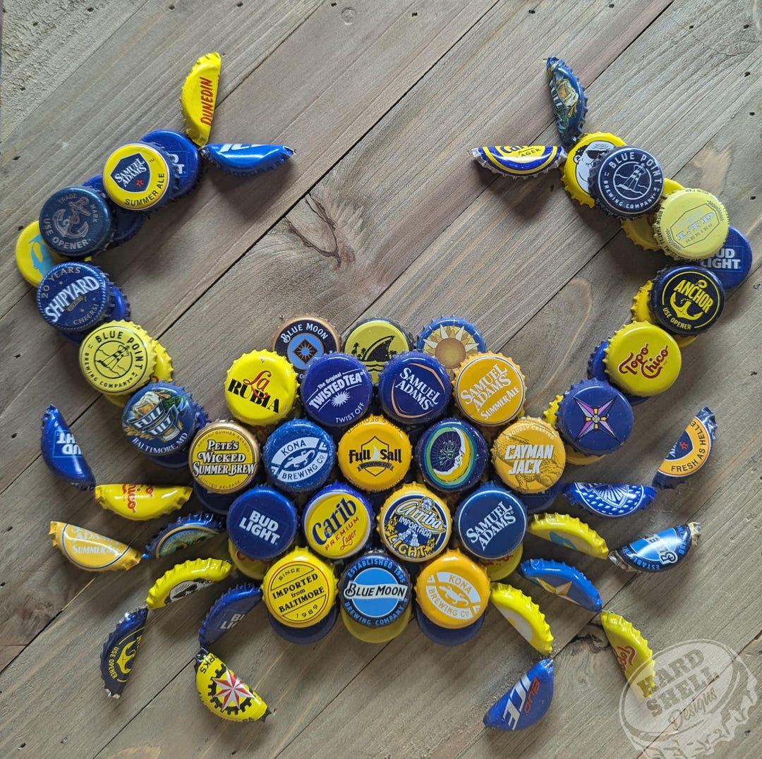 Blue & Gold Beer Bottle Cap Crab Wall Art - Etsy