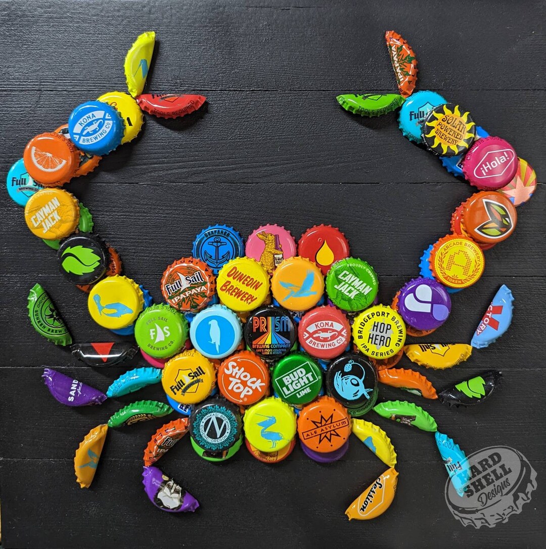Tropical Beer Bottle Cap Crab on Black Wood - Etsy