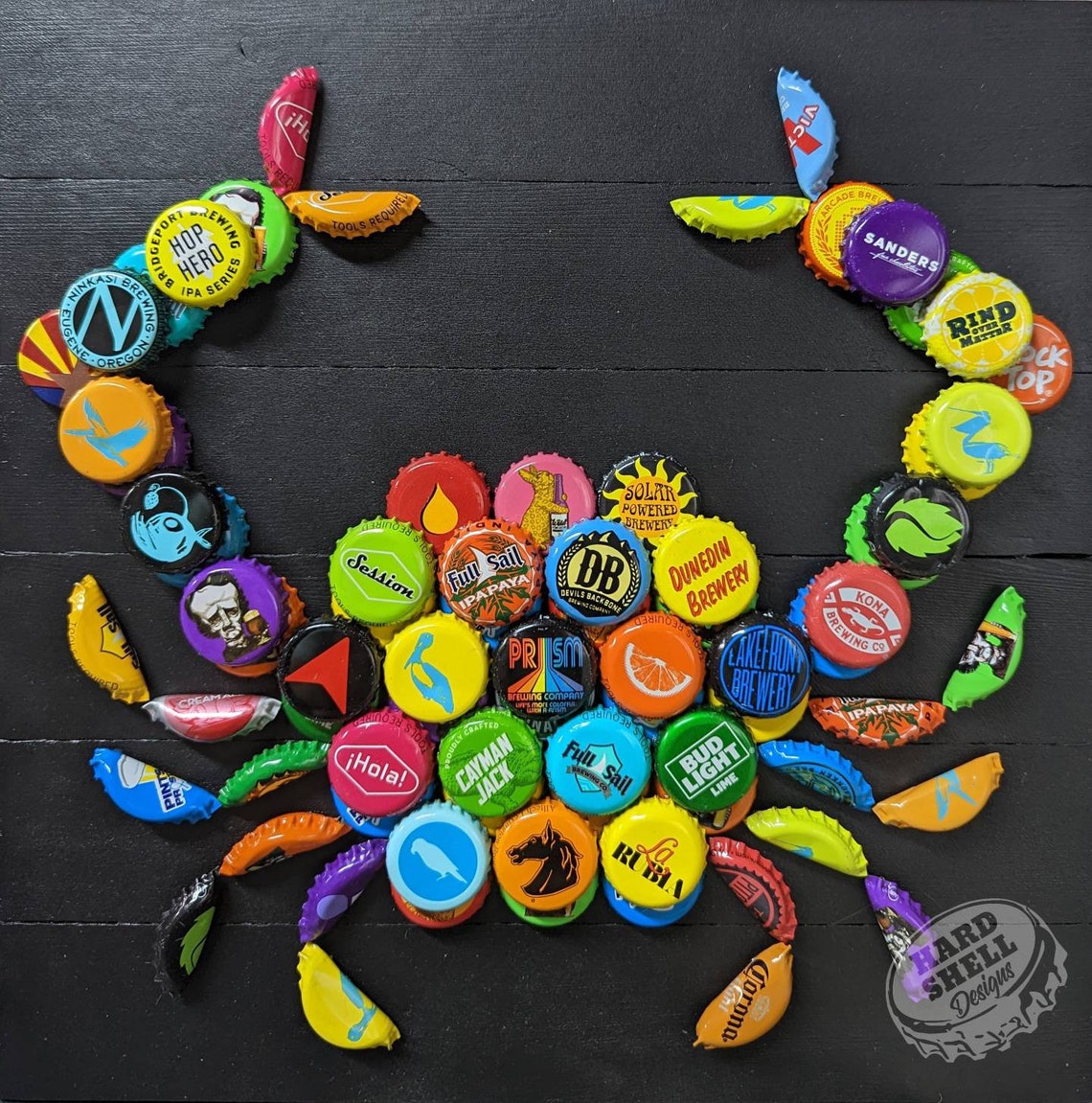 Tropical Beer Bottle Cap Crab on Black Wood - Etsy