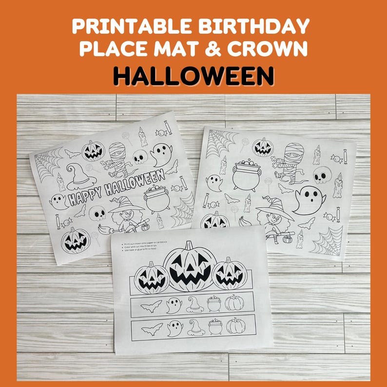 Printable Halloween Coloring Sheet Placemat and Paper Crown, Digital ...