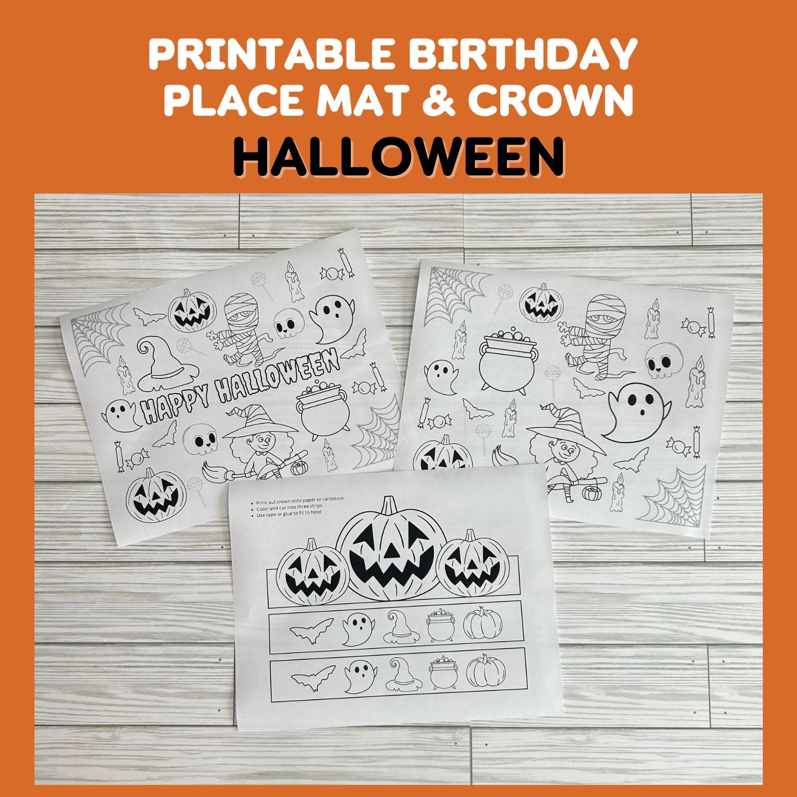 Printable Halloween Coloring Sheet Placemat and Paper Crown, Digital ...
