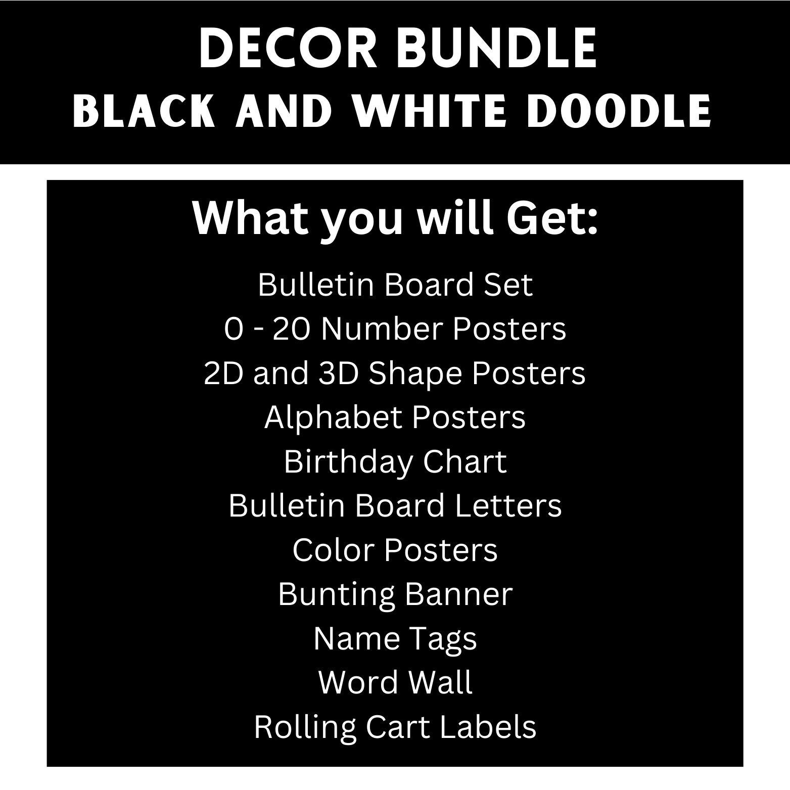 Black and White Doodle Classroom Decoration Bundle, Printable Classroom ...